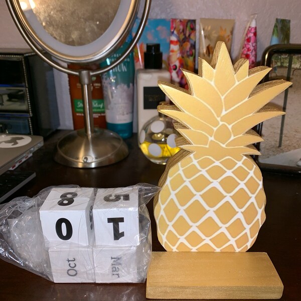 Pineapple Calendar Perpetual Wood Block Gold Pineapple Themed Calendar ...