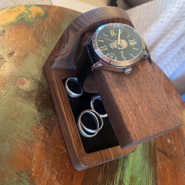 Double Watch Stand With Ring Tray / Wooden Watch Stand / Rustic Watch ...