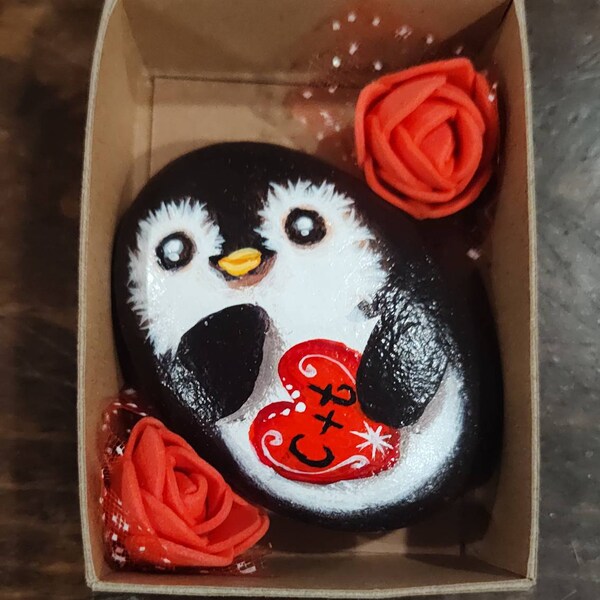 Hand Painted Rock Pocket Hug in a Box, Penguin Gift for Him This ...