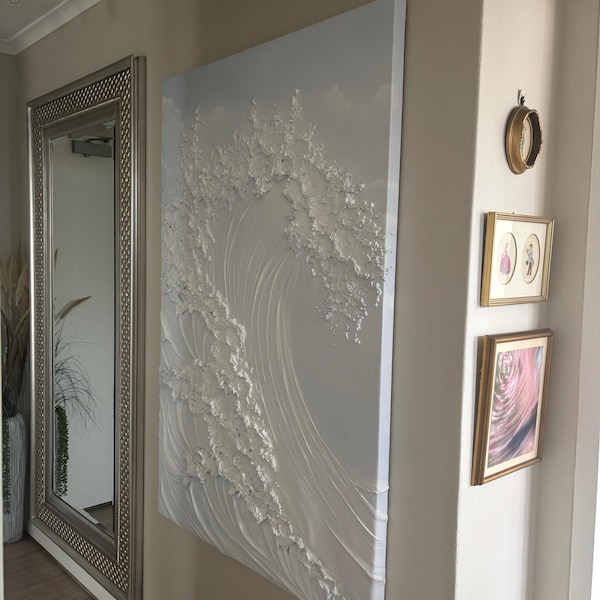 Original 3D White Minimalist Textured Wall Art Triptych Ocean Wave Painting on Canvas Neutural ...