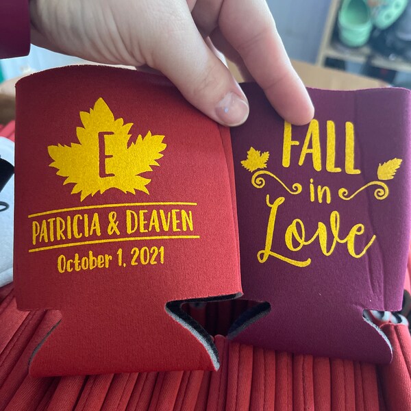 Personalized Autumn Can Coolers: Fall in Love Wedding Favors - Etsy