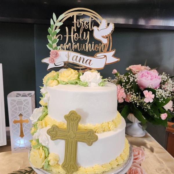 Custom First Holy Communion Cake Topper, Cake Topper With a Name, Gold ...