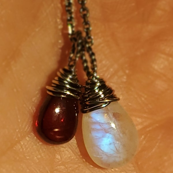 Blood Moon Rainbow Moonstone Red Garnet Sterling Silver Charm Necklace ...