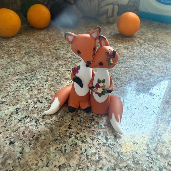 Mini Small Fox Wedding Cake Topper Red Foxes Animal Handmade Clay Bride ...