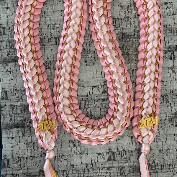 Graduation Stole Open Ended Double Braided Ribbon Lei Pink / White Gold ...