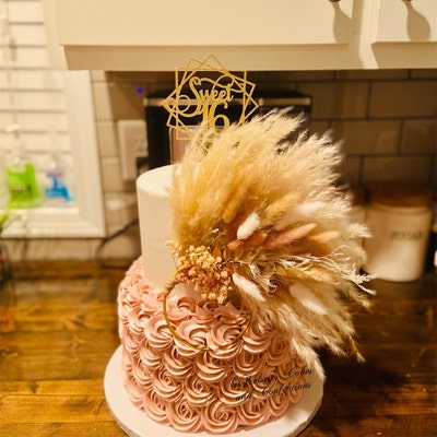 4' Rustic Pink and Gold Pampas Grass and Dried Flower Cake Topper ...