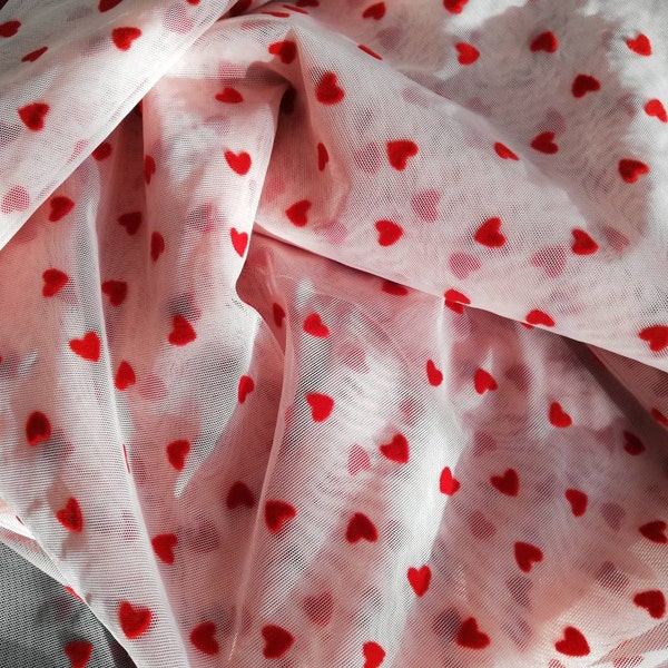 4 Way Stretch Tulle Fabric With Red Velvet Hearts, Pink Stretchy Mesh ...