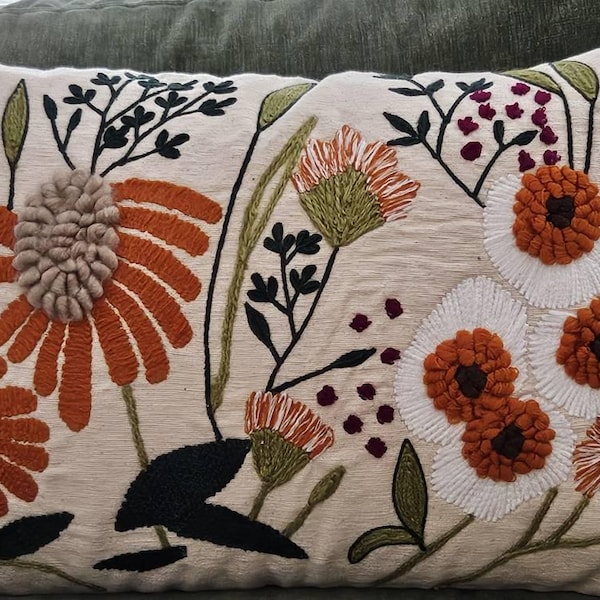 Neutral Floral Embroidered Oversized Boho Throw Pillow Cover Sham ...