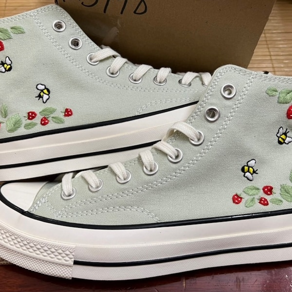 Custom Embroidered Converse High Tops: Strawberry & Bees Sneakers - Etsy