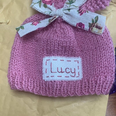 Name Tag ONLY Custom Wording Hand Embroidered Stitched Baby Hats Tags ...