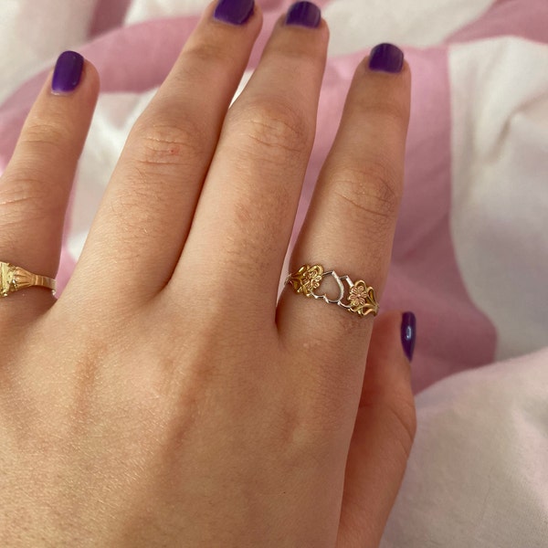 Size 6 or 7 Estate 10k Yellow White Rose Gold Heart Flower Ring ...