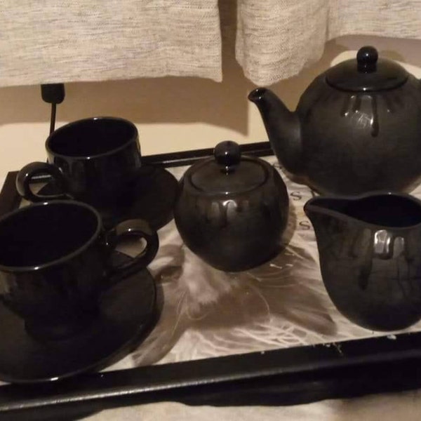 Goth Web Tea Set, Gothic Matte Black, Gloss Drip, Ceramic Teaset, Cup ...