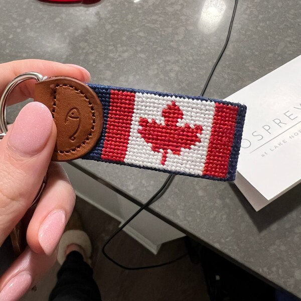 American Flag Needlepoint Keychain - Handmade Key Fob W/ Leather ...