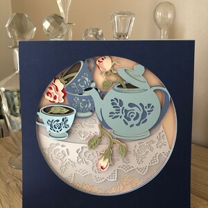 3D Tea Party SVG EPS, Shadow Box, Layered Cardstock Tea Pot With Roses ...
