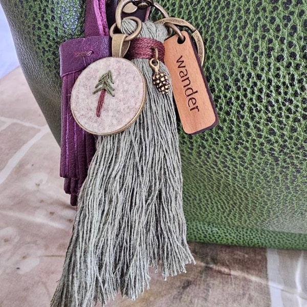 Wander Keychain, Explore Hike Tassel, Tiny Hand Embroidery Pine Tree ...