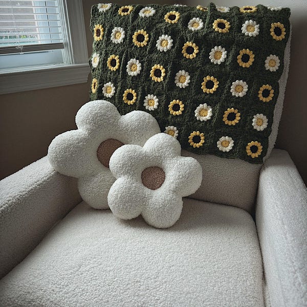 Green and White Daisy Flower Shaped Cushion Made With a Textured Boucle ...