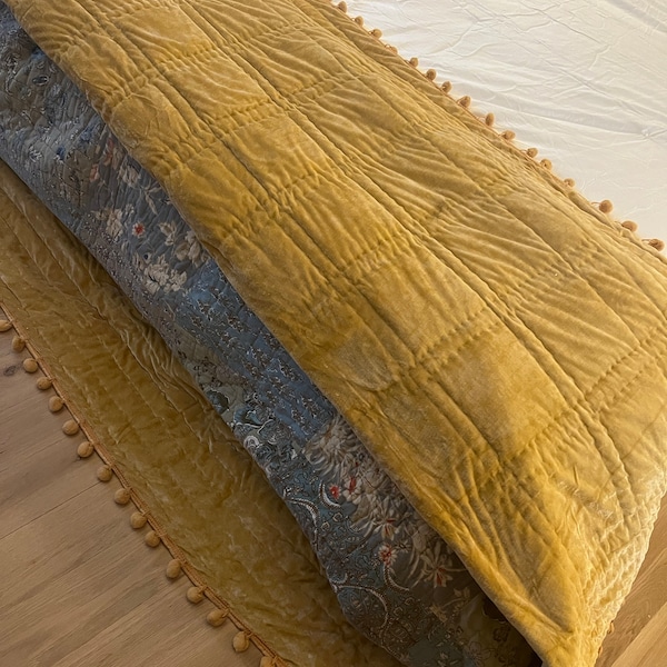 Gold Velvet Quilt: Hand-stitched Bedding With Pom Poms - Etsy