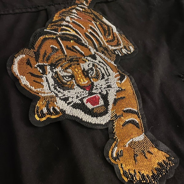Gold Sequins Beaded Tiger Applique Handmade Sew on Patches for Vintage Clothes Back or Denim ...