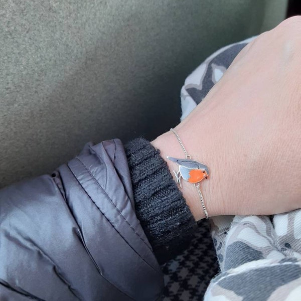Red Robin Bird Slider Bracelet. Sterling Silver and Orange Enamel ...