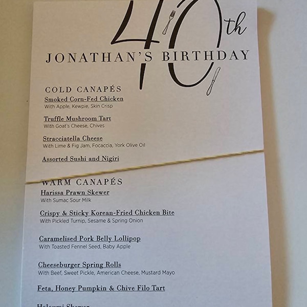 Elegant Printed Birthday Menu Cards, Stylish Party Buffet Card, Modern ...