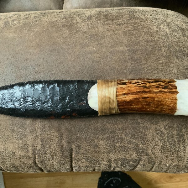 Large Knapped Glass Bowie Knife With Deer Antler Handle Flint Knapping ...