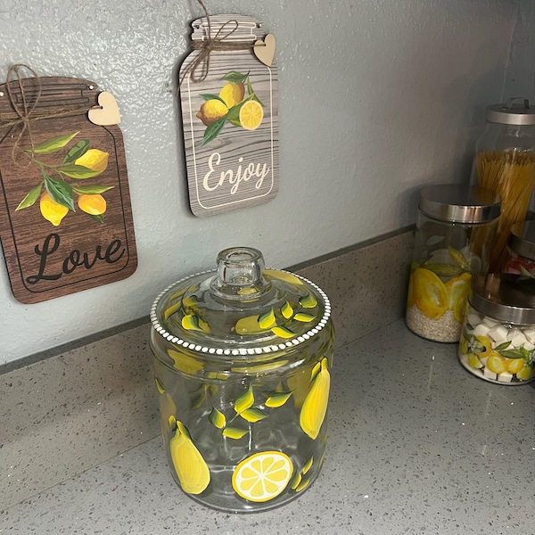 Painted Gallon Cookie Jar Lemons, Lemon Themed Candle Holder Kitchen ...