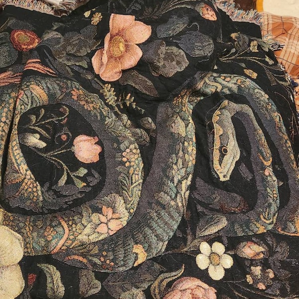 Floral Snake Woven Throw Blanket: Dark Botanical Snake Woven Tapestry ...