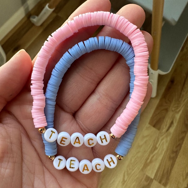 Personalized Teacher Bracelet Set- Heishi Stretch Bracelets With Your Choice of Bead Colors and ...