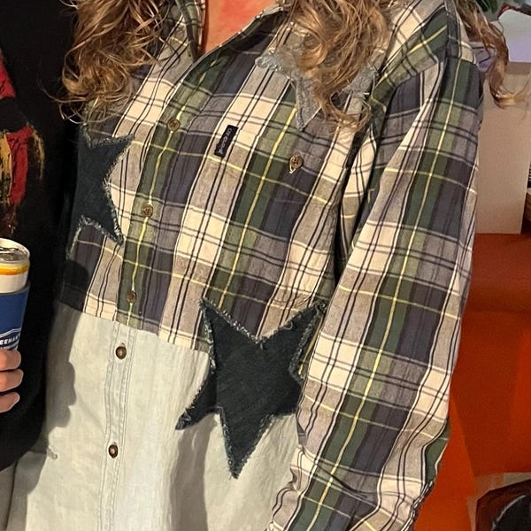 Lightweight Denim Shirt With Star Applique and Lace Bottom, Boho Shabby ...