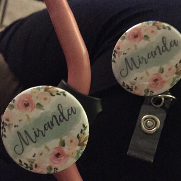 Floral Stethoscope ID Tag - Pink and Mint Yoke Style Stethoscope ID Tag ...