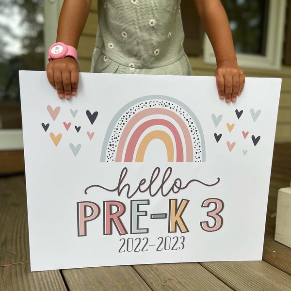 Boho Rainbow Hello Pre-k 3 Sign, First Day of Pre-k 3, Printable First ...