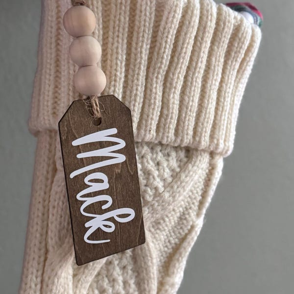Beaded Wooden Christmas Stocking Name Tag, Personalized Stocking Tag ...