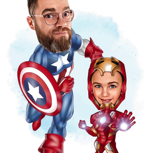 Custom Super Dad and Son Cartoon Portrait, Super Dad Portrait, Dad's ...