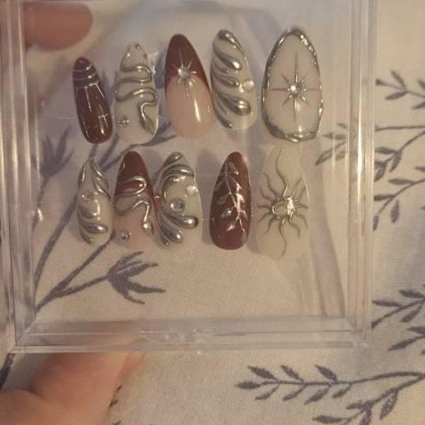 Ancora French Red Nails/sun Star Press on Nails Short Almond Nails ...