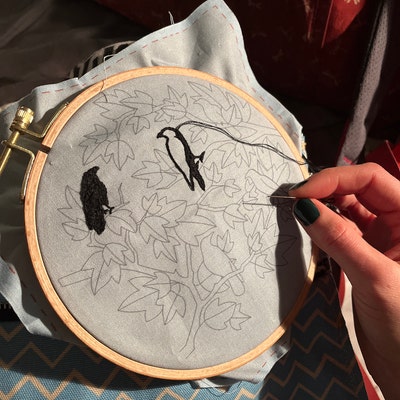 Autumn Birds Embroidery Hoop Kit, Crow Embroidery Pattern, Fall ...