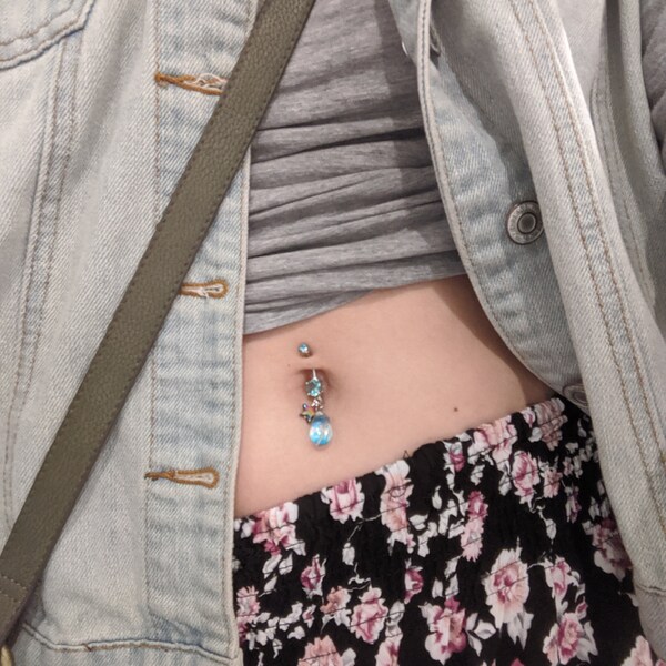Wire Wrapped Teardrop Dangle Belly Ring With Rainbow Star, Belly Button ...