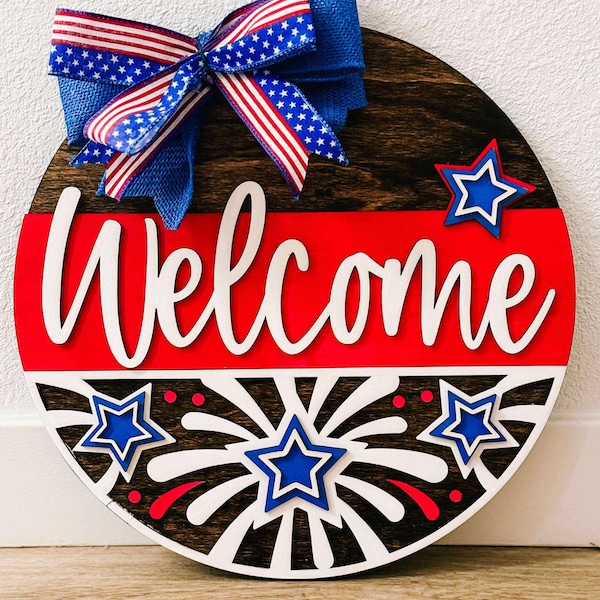 Welcome Fireworks Stars Sign, Round Door Hanger SVG, Glowforge Laser ...