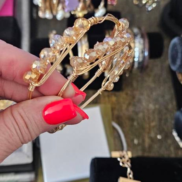 Pink Heart Bangle, Pink and White Bangle, Bourbon and Boweties Inspired, Heart Bangle, Pink Bead ...