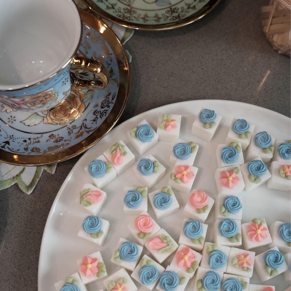 Sugar Cubes With Pink Royal Icing Flower Decoration for Your Tea Party ...
