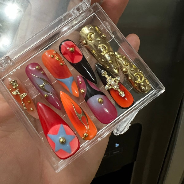 Bold Color Airbrush Long Stiletto Press on Nails, 3D Glam Goth False ...