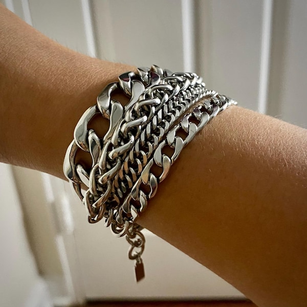 Chunky Multi Layer Silver Necklace for Women in Stainless Steel With ...