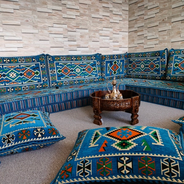 Turquoise Turkish Rug Wooden Bench Sofa, Arabic Majlis Jalsa, Moroccan ...