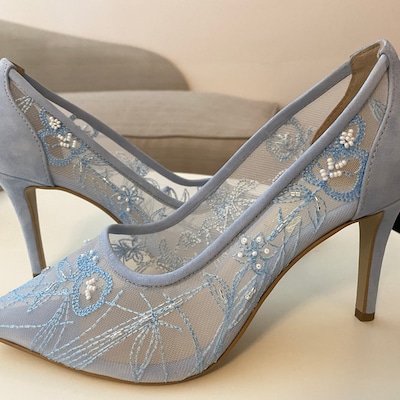 Blue Wedding Pumps With Mid Pointy Heel and Floral Embroidery, Floral ...
