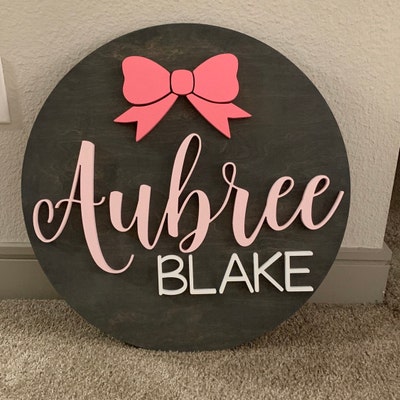 Custom Name Bow Theme Sign Baby Name Sign Pink Bow Wood Sign Nursery ...