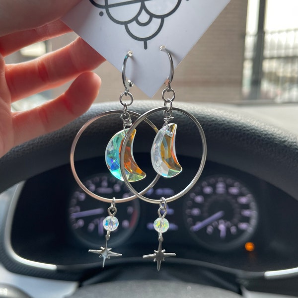 Mismatched Celestial Earrings, Moon and Star Earrings, Whimsigothic Celestial Jewelry - Etsy