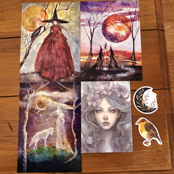 Giclee Fine Art Print Green Witch Summer Water Autumn Full Moon Witch ...