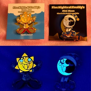 FNAF Smol Sun and Mini Moon Glow-in-the-dark Enamel Pins Free Sticker ...