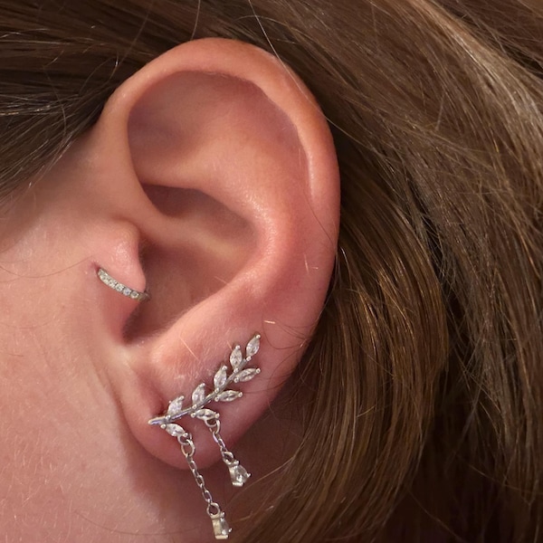 CZ Leaf Crawler Earrings With Dangle Chains in Sterling Silver, Silver ...