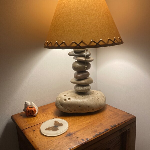 Rustic Stone Base Table Lamp – Handmade in Idaho – Faux Leather Shade - Etsy