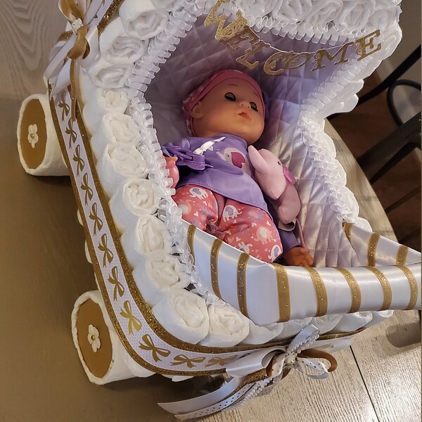 Elegant White and Gold Diaper Stroller/ Beautiful Baby Shower Gift ...